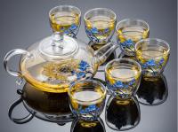 China 7pcs Set High Borosilicate 600ML Glass Teapot Blue Poeny Painting for sale