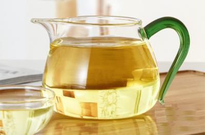 China Jade Green Handle Borosilicate Glass Mug Glass Fair Cup Microwave Safe Dishwasher Safe Oven Top Safe for sale