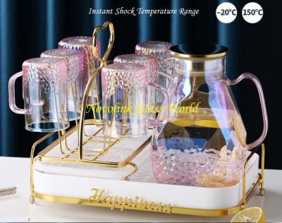 China 1600ML Glass Pitchers Set 300ml Mug Electroplated Gradient Pink Color for sale