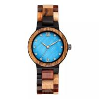 China 1.65 Inch Wooden Wrist Watch 3BAR Quartz Female Wooden  Dial Blue White for sale