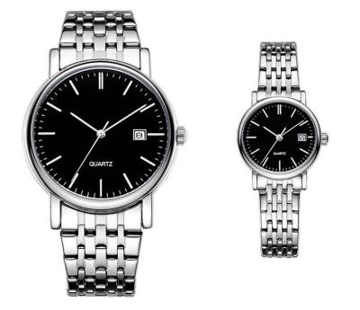 China Silvertone Fashion Quartz Couple Watches Gift Set 3BAR Date Functional for sale