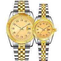 China Round 3ATM Quartz Couple Watches OEM Two Tone Gold Watch Date Function for sale