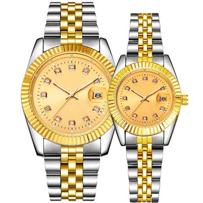 China Round 3ATM Quartz Couple Watches OEM Two Tone Gold Watch Date Function for sale
