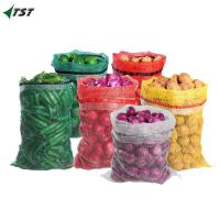 China White Color Pp Potato Leno Bag 68*89cm With Red Drawsting For Farm Usage for sale