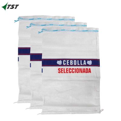 China 20kg 25kg White Color Drawstring PP Leno Mesh Bag With Custom Logo for sale