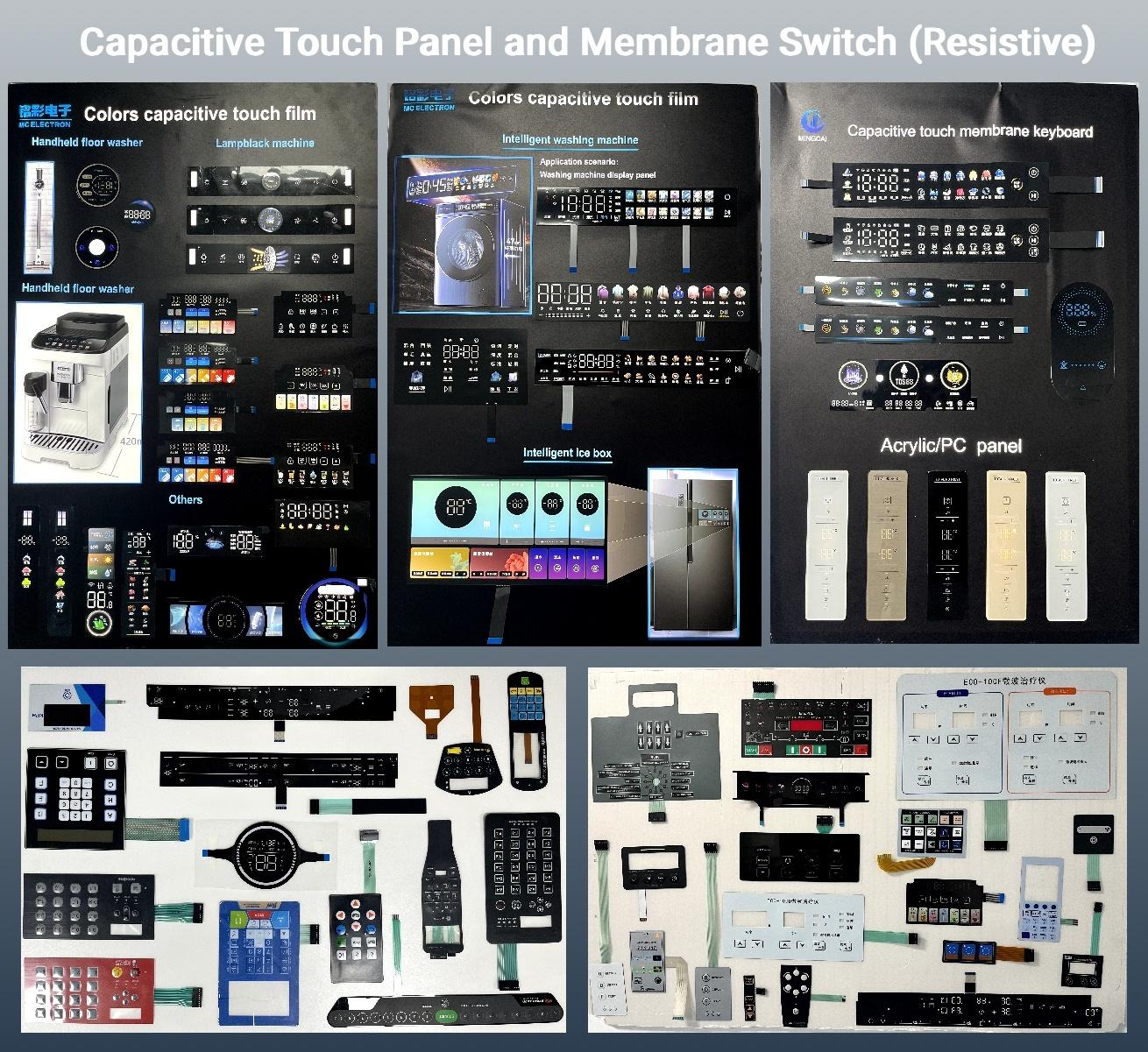 Xiamen Mingcai Electronic Technology custom touch control panels and membrane switches for home appliances, demonstrating various display solutions for intelligent washing machines and refrigerators, including flexible printed control interfaces and customized design options.