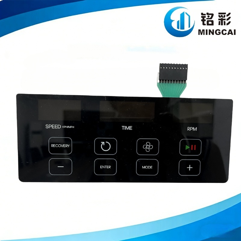 Custom durable membrane switch control panel for smart fitness equipment, tactile keypad for exercise bikes with sweat-resistant design by Mingcai.