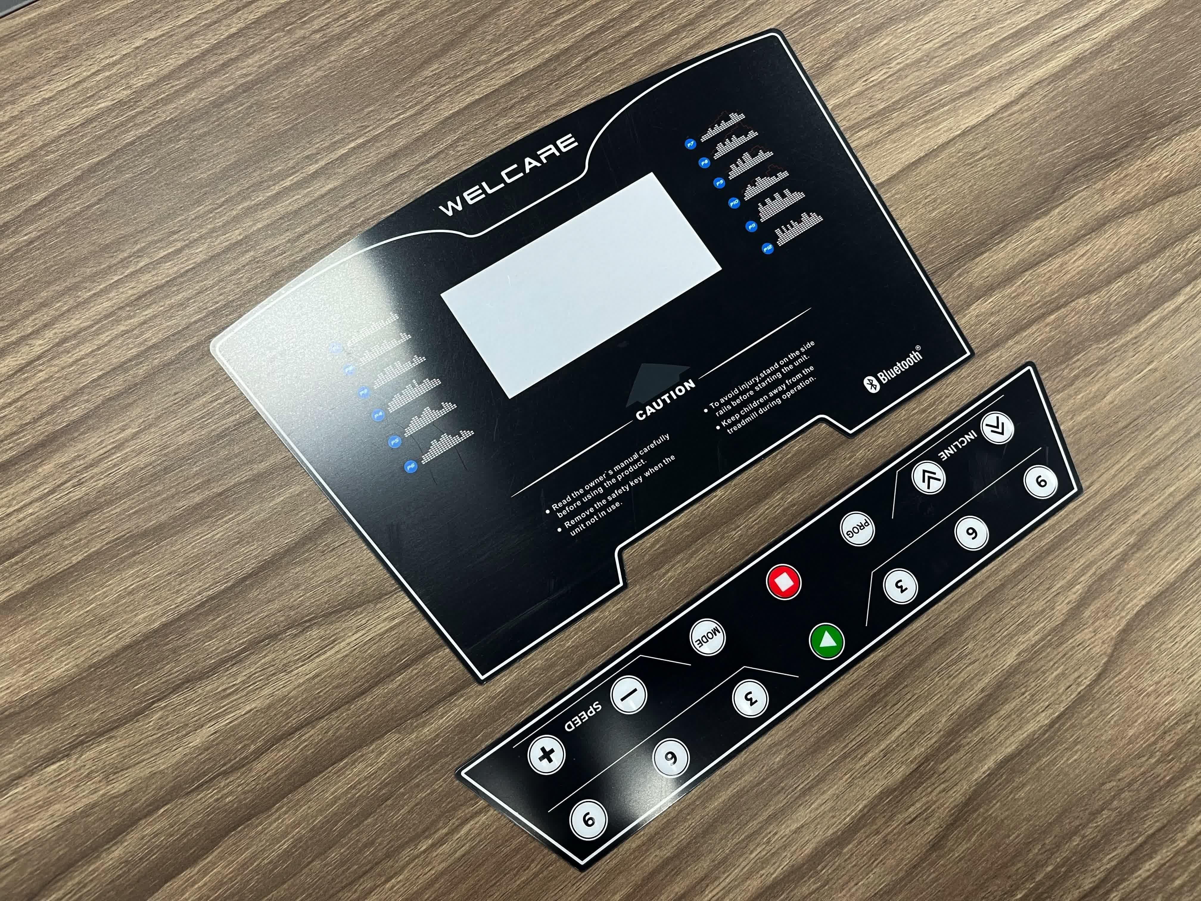 Custom printed PET graphic membrane overlay, medical device control panel faceplate with transparent LCD window and function button icons