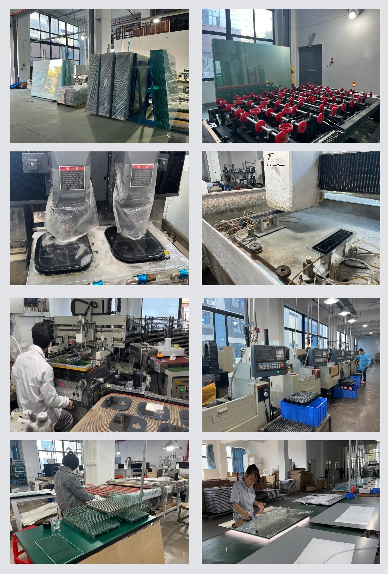 Tempered glass touch panel manufacturing workshop, production, processing and quality inspection scenes for custom printed glass control panels