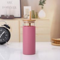 China Nontoxic Silicone Water Bottle Transparent Glass With Silicone Straw Bamboo Lids for sale