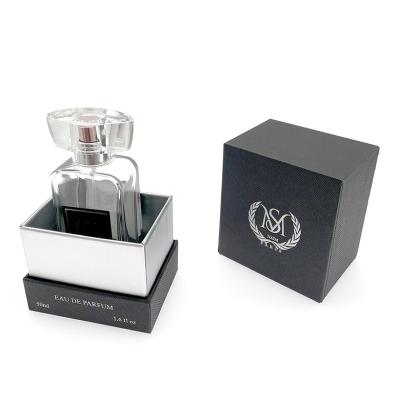 China Custom Silver Foil Logo Texture Black Paper Gift Perfume Box Packaging for sale