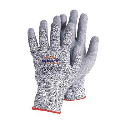 China Modelo Number PU-D131 Grey 13G Seamless Knitted Cut Resistant HPPE Gloves with PU Coating for sale