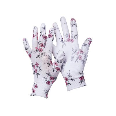 China Anti-slip Function Colorfull PU Coated Waterproof Floral Printing Ladies Work Gloves for sale