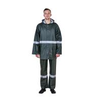 China Reflective Tape Hooded Rainsuit in Olive Green with N.W. 21KG Carton Size 46*32*27CM for sale