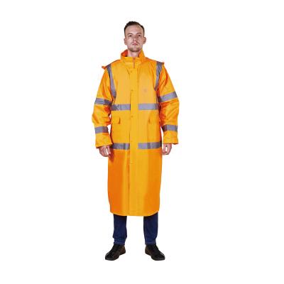 China RAINWEAR RR020-Y Polyester/PVC Hooded Adjustable Safety Rain Coat with Reflective Tape for sale