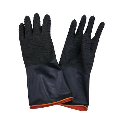 China 45cm Black Industrial Latex Rubber Gloves with Wrinkle Palms and Chemical Resistant for sale