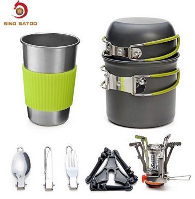 China FDA Camping Cookware Set Mini Stove 2 Pots Stainless Steel Cup 16oz Outdoor Backpacking for sale