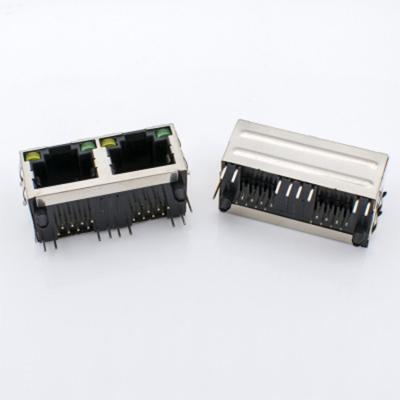 China LED 90 Degree 1x2 Ports Shielded RJ45 Ethernet Connector Gold Contact Plating for sale