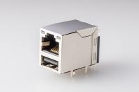 China Female Rj45 USB Connector 1 X 1 With Led And Emi Tab-Up Shielded 90 Degree Pcb Connector for sale