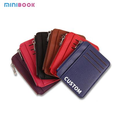 China Custom Leather ID Card Holder Wallet with Zipper 4 Slots Pocket Solid Color for sale
