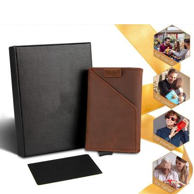 China Genuine Leather RFID Blocking Aluminium Wallet Pop Up Credit Card Holder Case 8 Card Capacity for sale