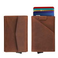 China Genuine Leather RFID Blocking Aluminium Wallet Pop Up Credit Card Holder Case 8 Card Capacity for sale