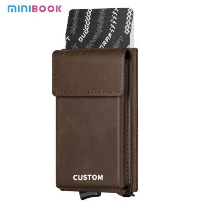 China Men's Genuine Leather Pop Up Wallet Vintage Style Aluminum Credit Card Holder Custom Logo for sale