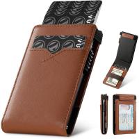 China Custom Logo Vegan Leather RFID Protection Automatic Pop Up Card Holder with ID Window 8 Card Capacity for sale
