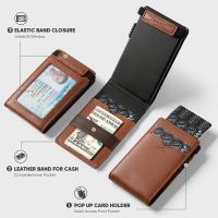 China Custom Logo Vegan Leather RFID Protection Automatic Pop Up Card Holder with ID Window 8 Card Capacity for sale