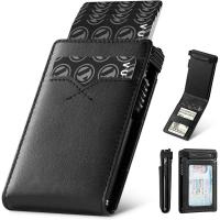 China Custom Logo Vegan Leather RFID Protection Automatic Pop Up Card Holder with ID Window 8 Card Capacity for sale