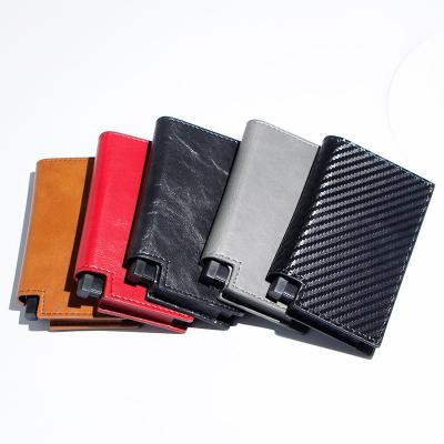 China Minibook Trifold Leather Metal Aluminum Credit Card Holder RFID Block Minimalist Wallet for Men 8 Card Slots for sale