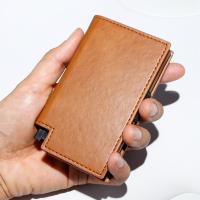 China Minibook Trifold Leather Metal Aluminum Credit Card Holder RFID Block Minimalist Wallet for Men 8 Card Slots for sale