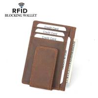 China Genuine Leather Vintage Slim Front Pocket RFID Blocking Card Holder Wallet with Strong Magnet Money Clip for sale