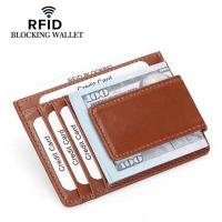 China Genuine Leather Vintage Slim Front Pocket RFID Blocking Card Holder Wallet with Strong Magnet Money Clip for sale