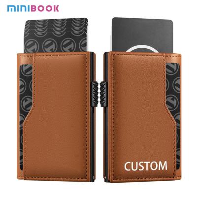 China Genuine Leather Automatic Pop Up Card Holder Wallet RFID Blocking 9.8cm 6.9cm for sale