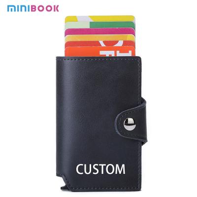 China Metal Automatic Pop-Up Anti-Degaussing Card Holder 10.4cm Genuine Leather Multi-Slot for sale