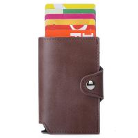China Metal Automatic Pop-Up Anti-Degaussing Card Holder 10.4cm Genuine Leather Multi-Slot for sale