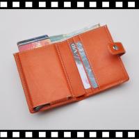 China Pop Up Aluminum Case Genuine Leather RFID Business Card Holder 12cm x 8cm for sale