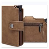 China Genuine Leather Automatic Card Holder Wallet for Men 3 Fold RFID Blocking 10 Card Capacity for sale