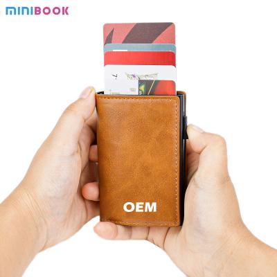 China MINIBOOK Automatic Pop Up Credit Card Holder Aluminum PU Leather Business Card Wallet 3 Pack for sale