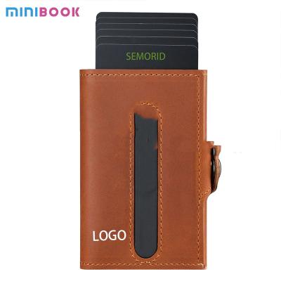 China PU Leather Card Holder with Aluminum Pop Up Design and Metal Box 10x6.5cm for sale