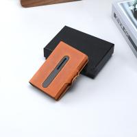 China PU Leather Card Holder with Aluminum Pop Up Design and Metal Box 10x6.5cm for sale