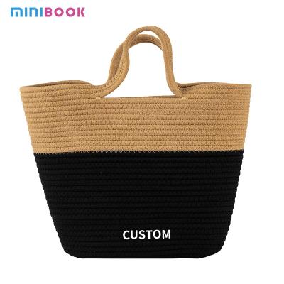 China Handmade Woven Beach Bag Cotton Rope Macrame Shoulder Bag Custom Logo 40x30cm for sale