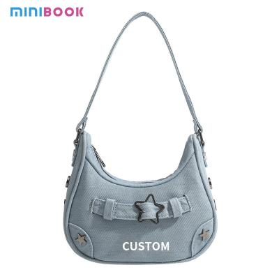 China Customized Denim Jean Rivets Tote Bag with Polyester Lining for Women 35x40cm for sale