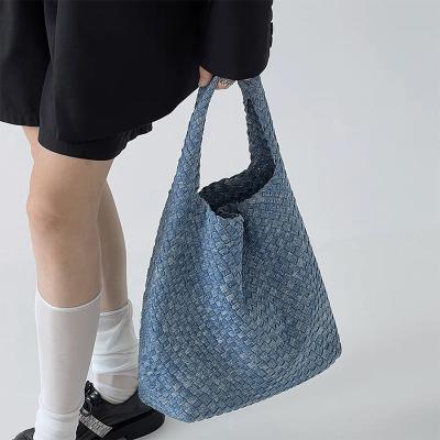 China Women's Denim PU Woven Shoulder Bag 35x25cm Daily Handbag Purse for Ladies for sale