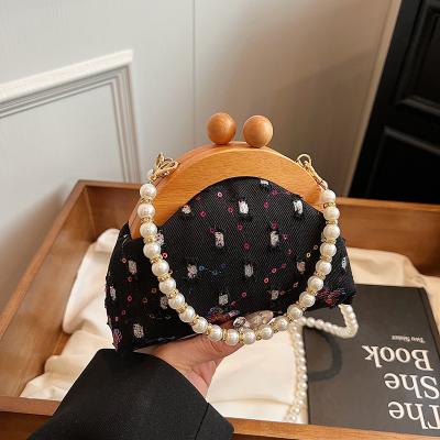 China Quilted Denim Women Small Shoulder Bag Crossbody Purse with Pearl Chain 20x15cm for sale