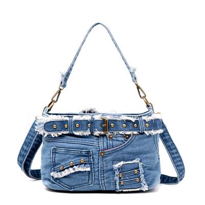 China Denim Shoulder Bag Vintage Zipper Jean Pants Design Belt Tie Purse for Women 30x20cm for sale