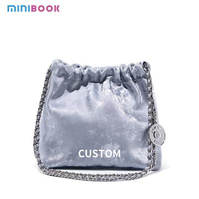 China Women's Mini Bucket Bag with String Chain Waterproof Shiny Leather 20cm for sale