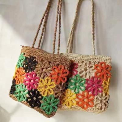 China Hollow Carved Raffia Straw Beach Tote Bag for Women Summer Vacation 40x30cm for sale