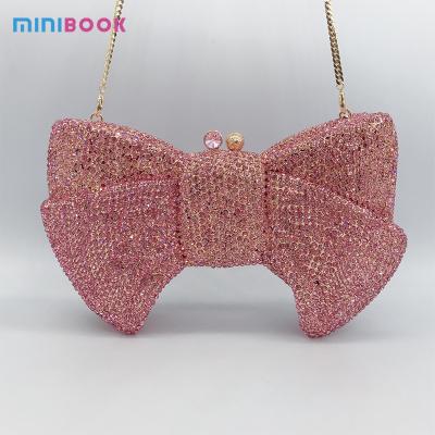 China Minibook Bowknot Crystal Evening Bag Rhinestone Bow PU Metal Clutch 21x6x12cm for sale